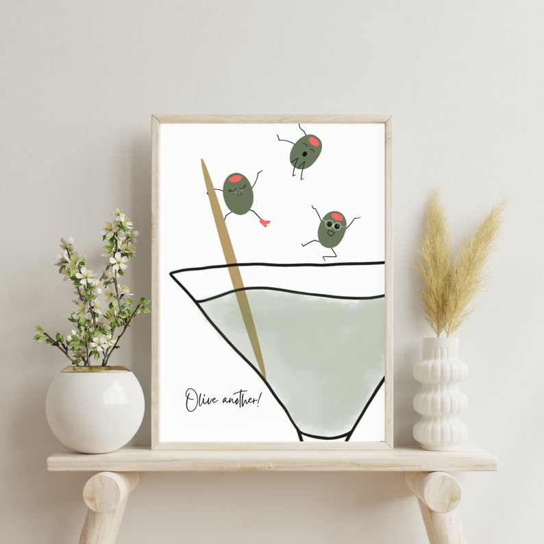 Cute Martini Poster Olive Illustration Bar Cart Decor Martini Print Bar ...