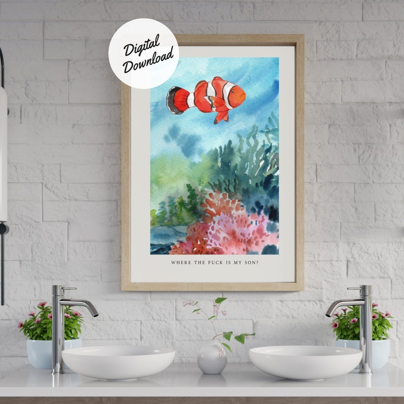 DIGITAL Fish Wall Art Ocean Theme Poster Funny Aquatic Print Bathroom ...