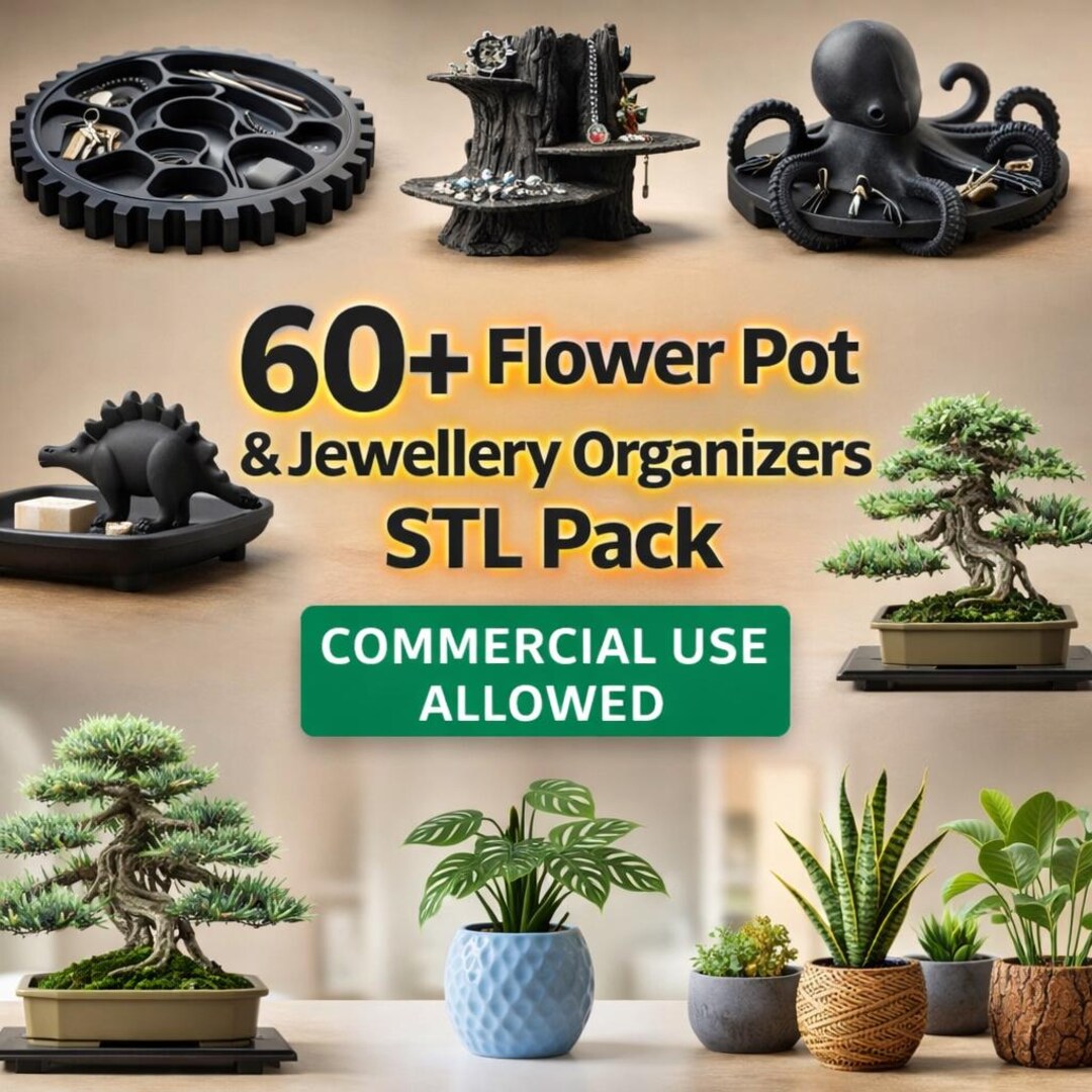 60+ Flower Pot & Jewelry Organizer STL Pack | 3D Printable Bonsai Stand ...