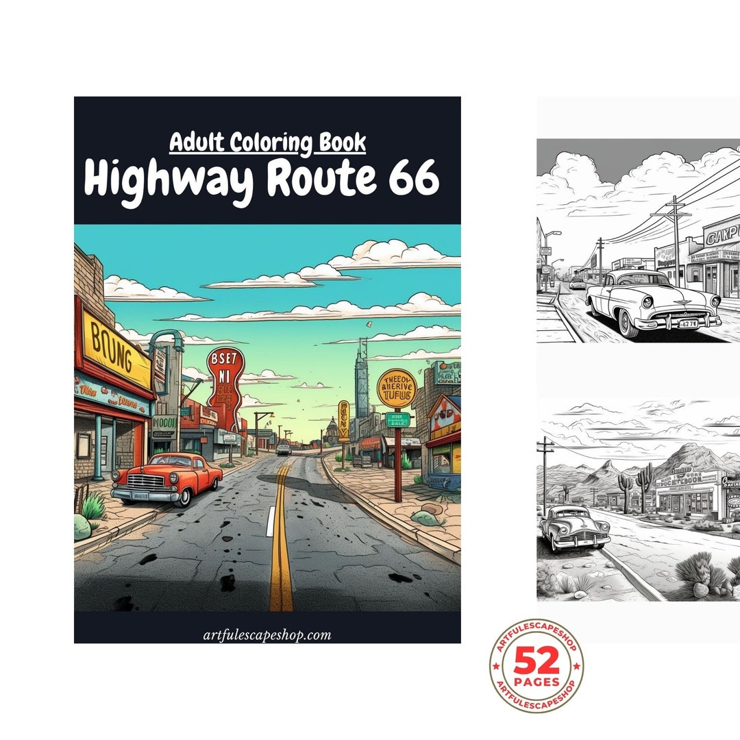 Highway Route 66 Unique Coloring Book for Creative Travel Digital ...