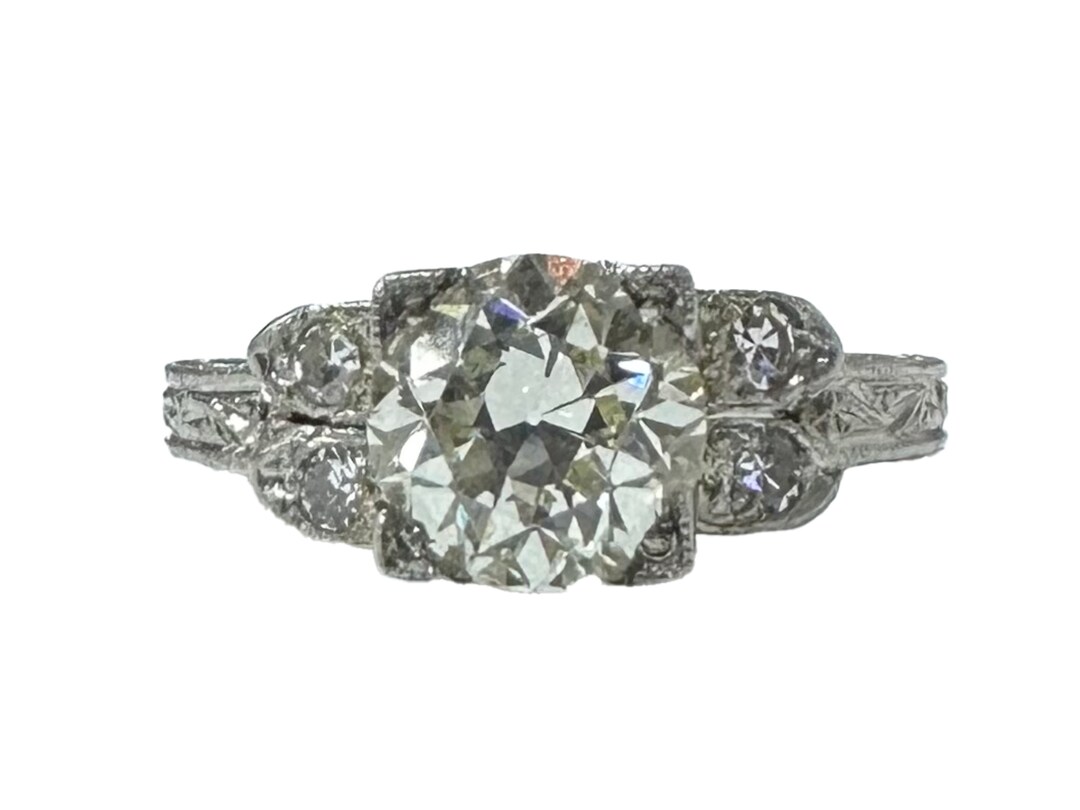 Platinum Hand Engraved Art Deco Diamond Engagement Ring - Etsy