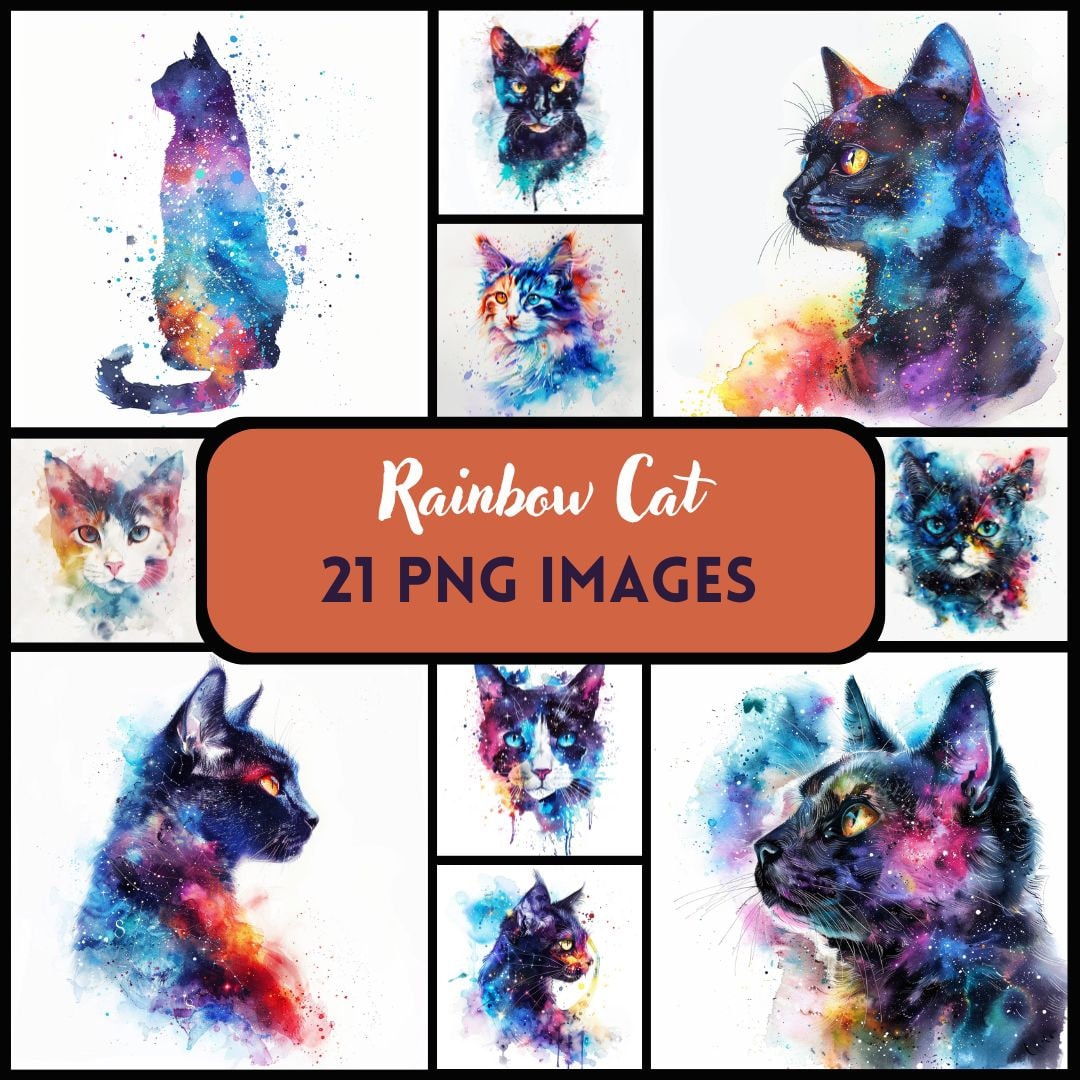 Watercolor Rainbow Cat Clipart: Colorful PNG Graphics (21 Files) - Etsy