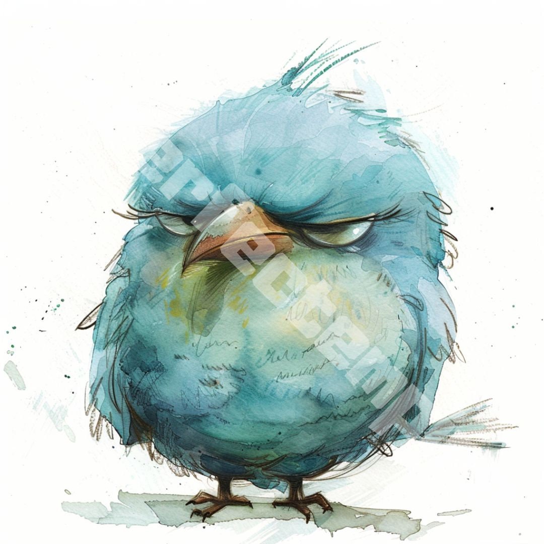 Grumpy Bird Clipart, Cute Fluffy Bird, Digital Clipart, Watercolor ...