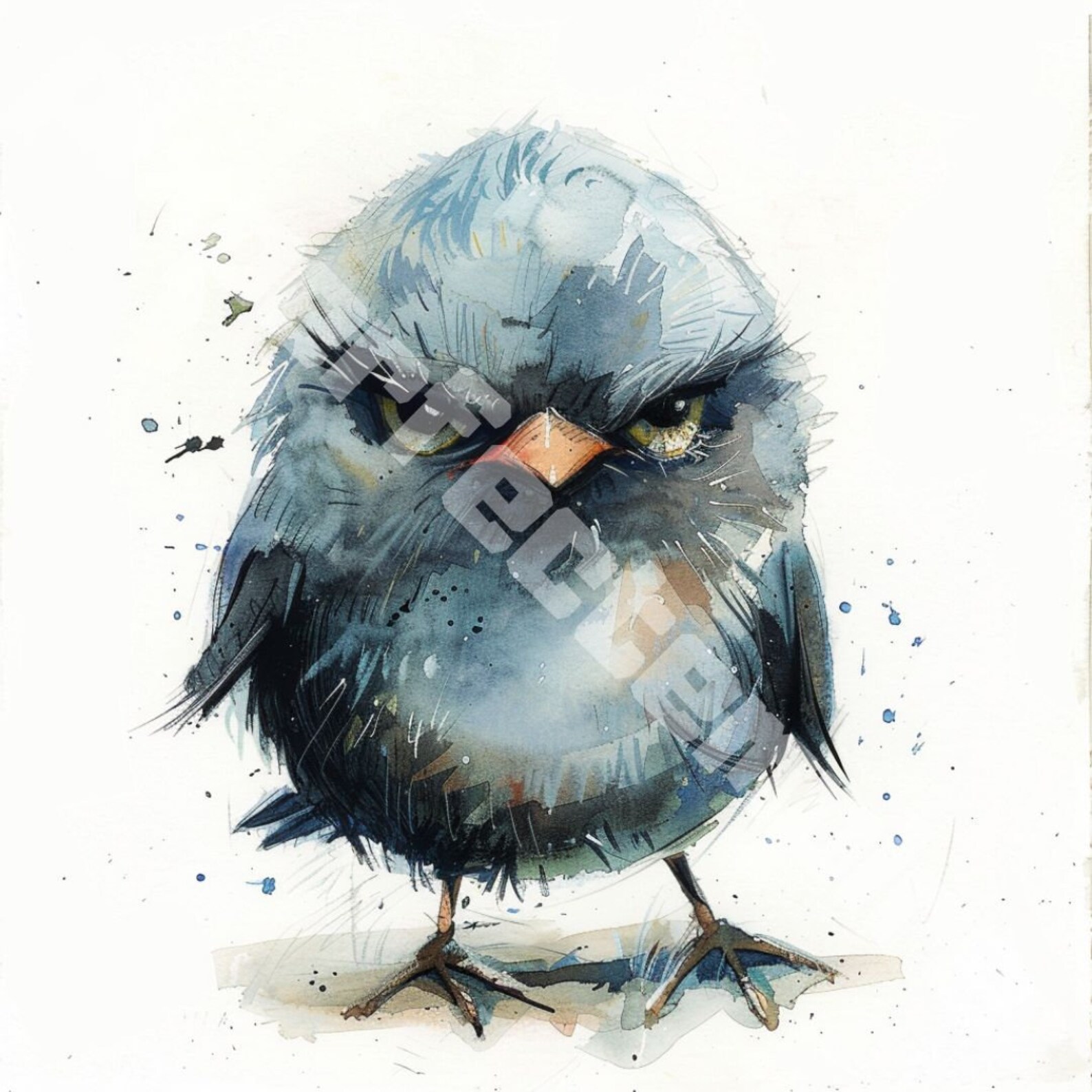Grumpy Bird Clipart, Cute Fluffy Bird, Digital Clipart, Watercolor ...