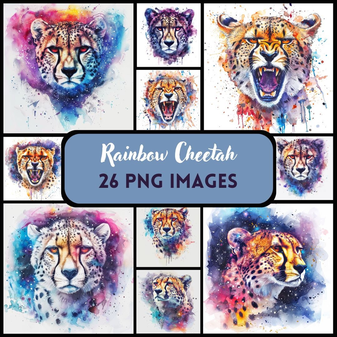Watercolor Rainbow Cheetah Clipart, Colorful Cheetah Illustrations ...