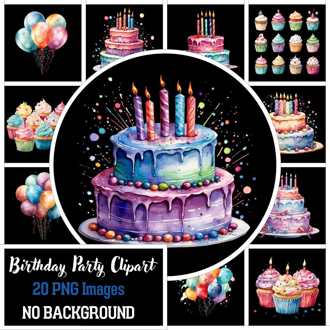 Watercolor Birthday Party Cake Balloons Clipart Bundle of 20 ...