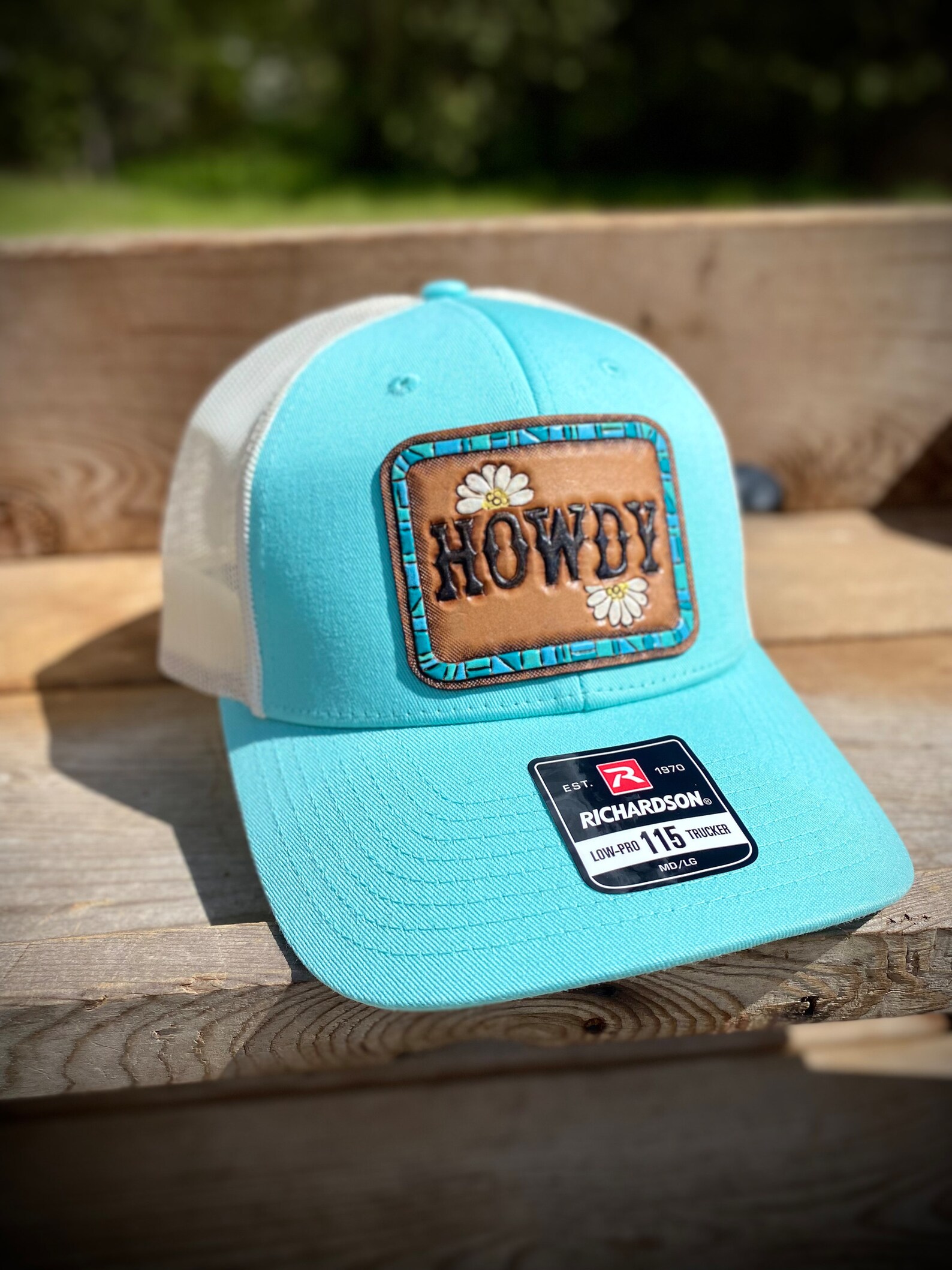 HOWDY Tooled Leather Trucker Hat Turquoise, Leather Patch Hat ...