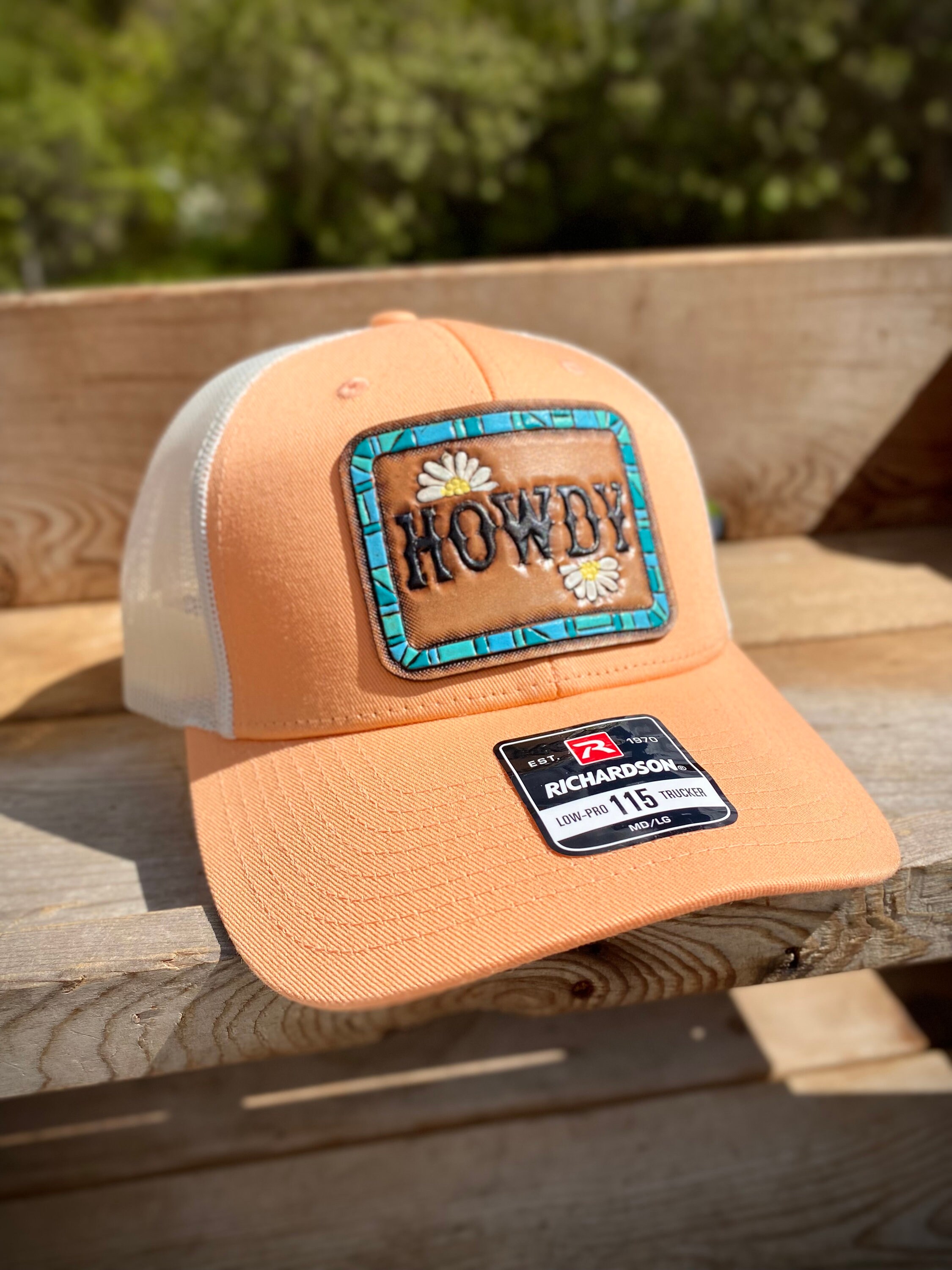 HOWDY Tooled Leather Trucker Hat Turquoise, Leather Patch Hat ...
