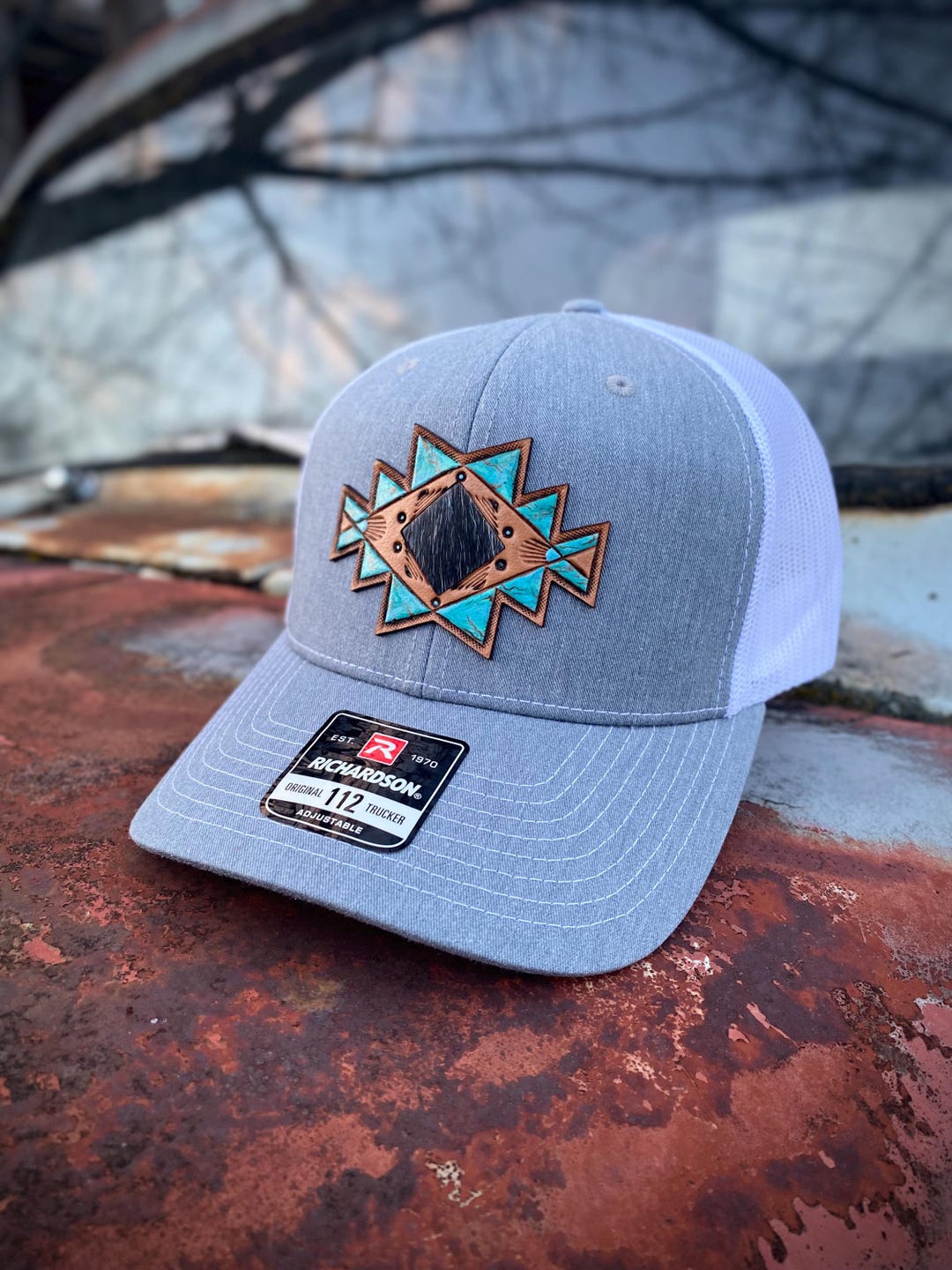 Tooled Aztec Trucker Hat With Hair on Hide Peek-a-boo, Leather Patch ...