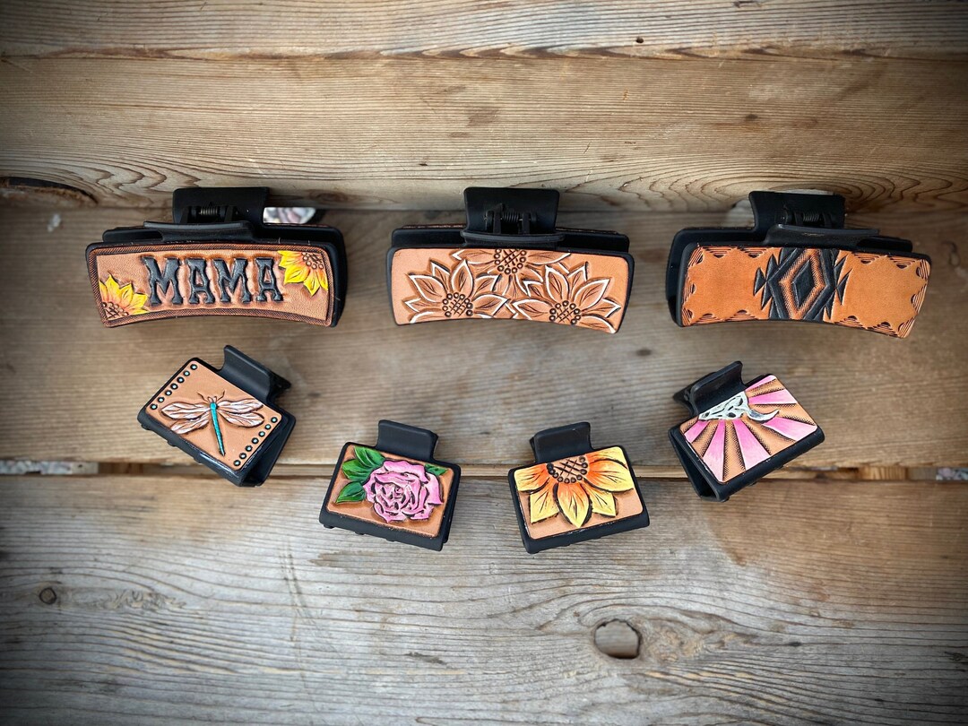 Tooled Leather Hair Claw Clip - Hand Tooled Hand Painted Leather ...