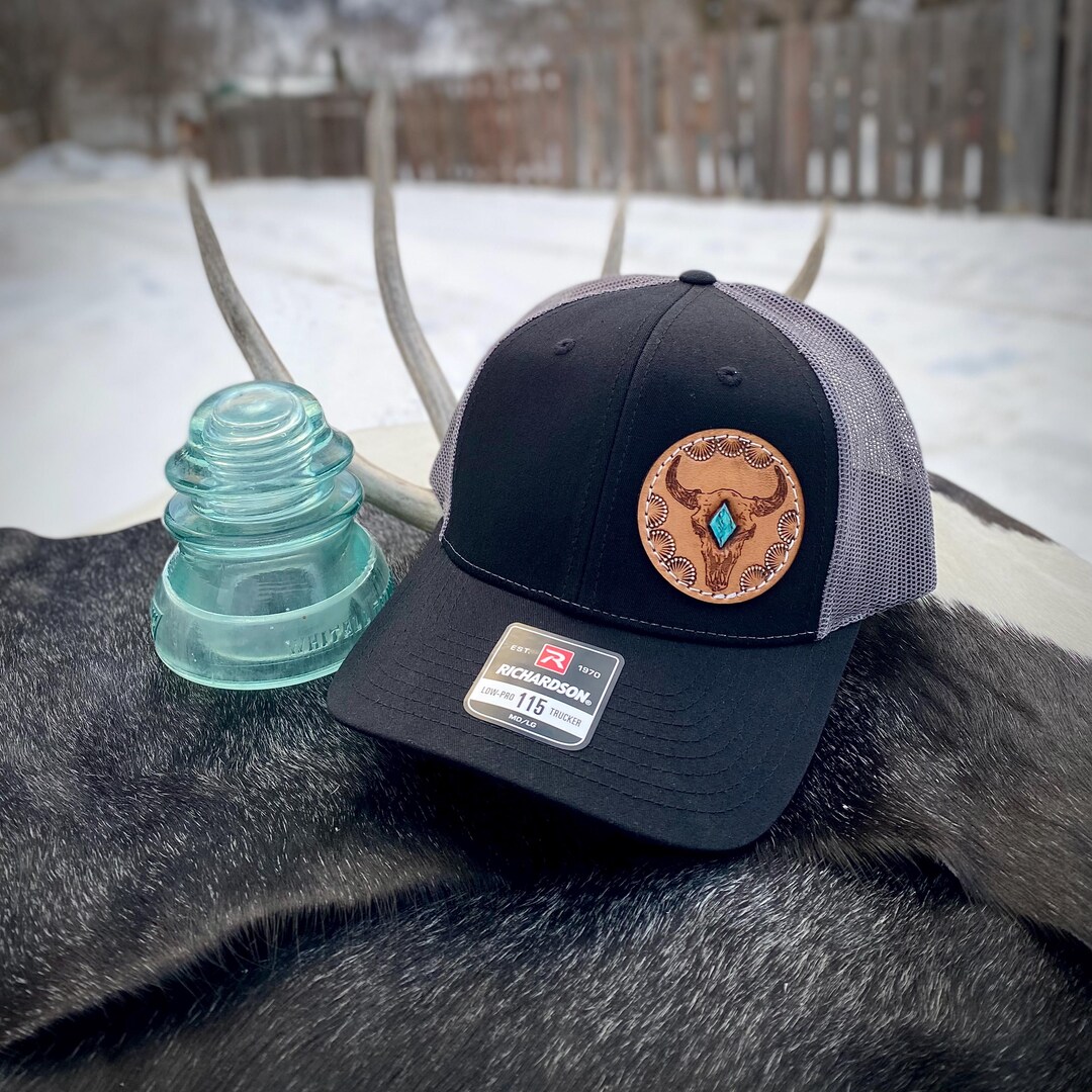 Turquoise Bison Skull Tooled Leather Trucker Hat - Leather Side Patch ...