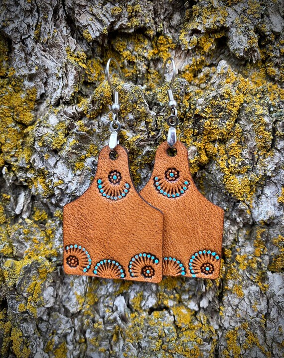 Turquoise Cow Tag Earrings Hand Tooled Hand Painted Leather Earrings Made in Montana Western Jewelry Handmade Veg Tan Real Leather