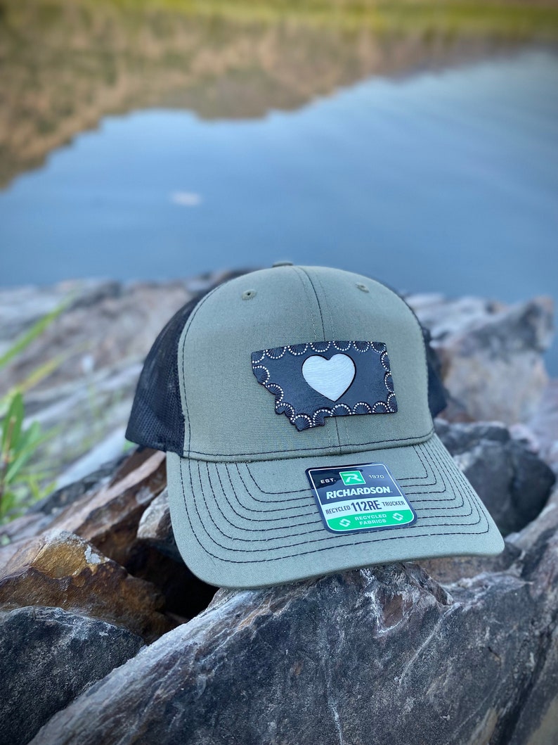 Tooled Leather Trucker Hat Montana State Hair on Hide Heart, Leather Patch Hat, Richardson 112RE ...
