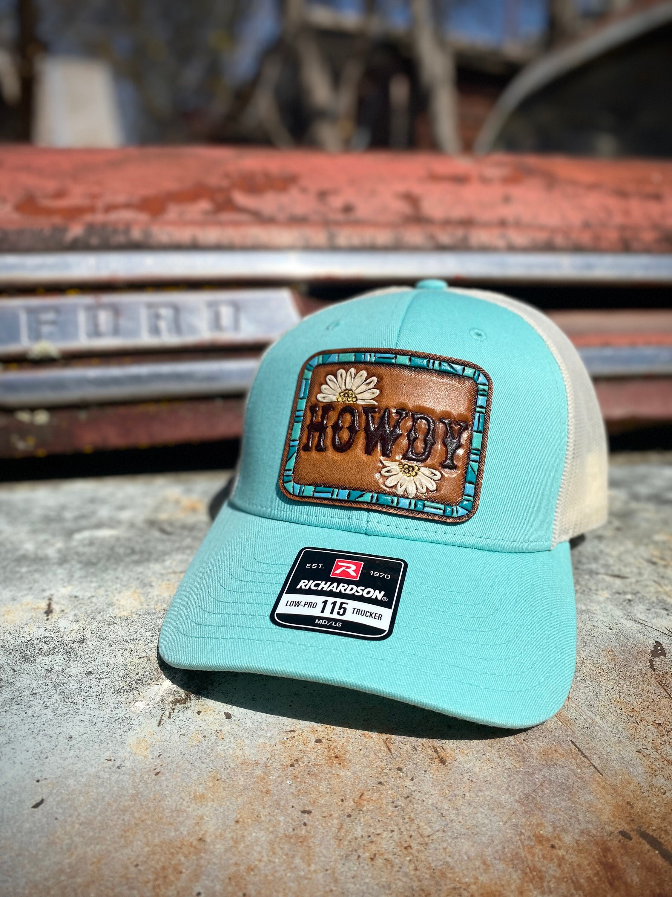 HOWDY Tooled Leather Trucker Hat Turquoise, Leather Patch Hat ...
