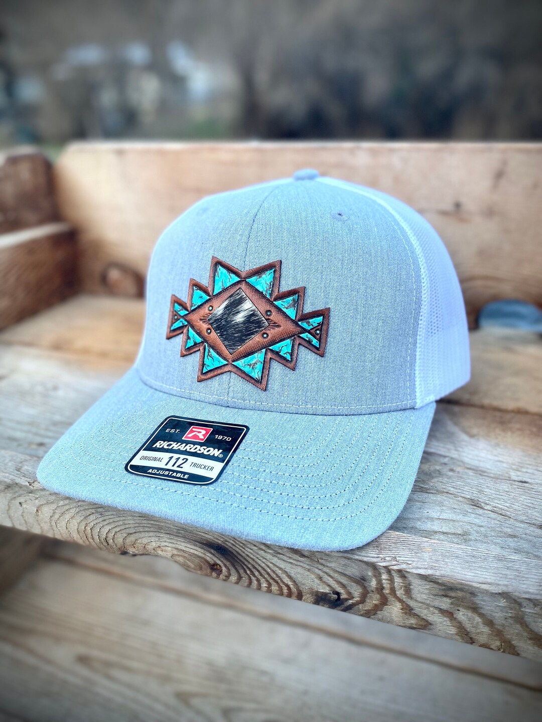 Tooled Leather Trucker Hat Turquoise Aztec Hair on Hide, Leather Patch ...