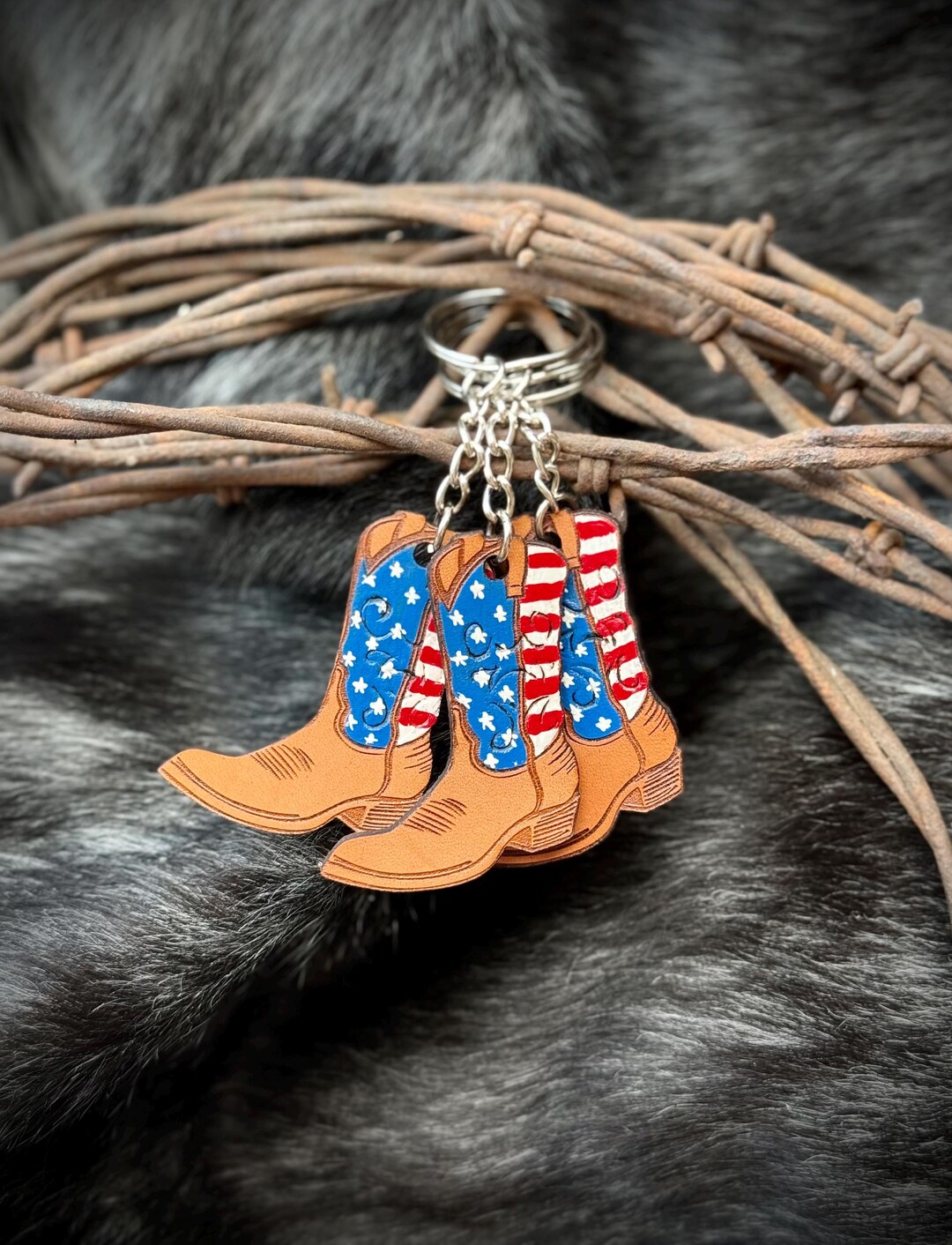 USA Leather Cowboy Boot Keychain - Engraved, Tooled, & Hand Painted ...