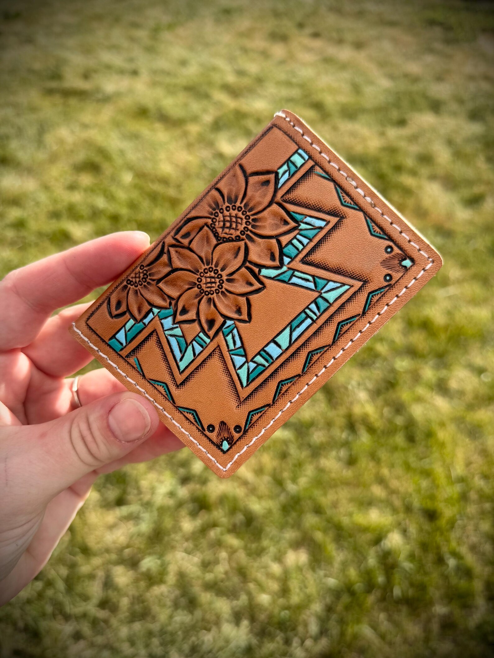 American Made - Western Hand Tooled Leather Wallet Turquoise Sunflower ...