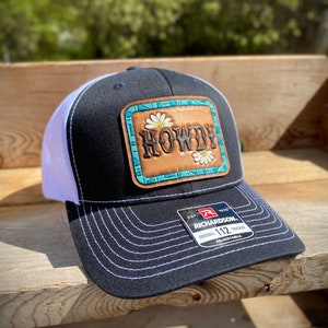 HOWDY Tooled Leather Trucker Hat Turquoise, Leather Patch Hat ...