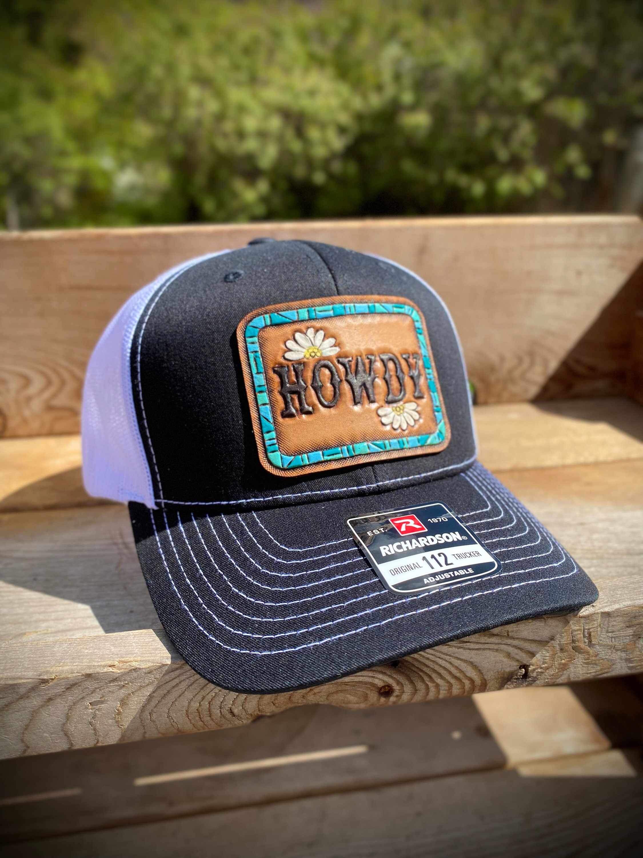 HOWDY Tooled Leather Trucker Hat Turquoise, Leather Patch Hat ...