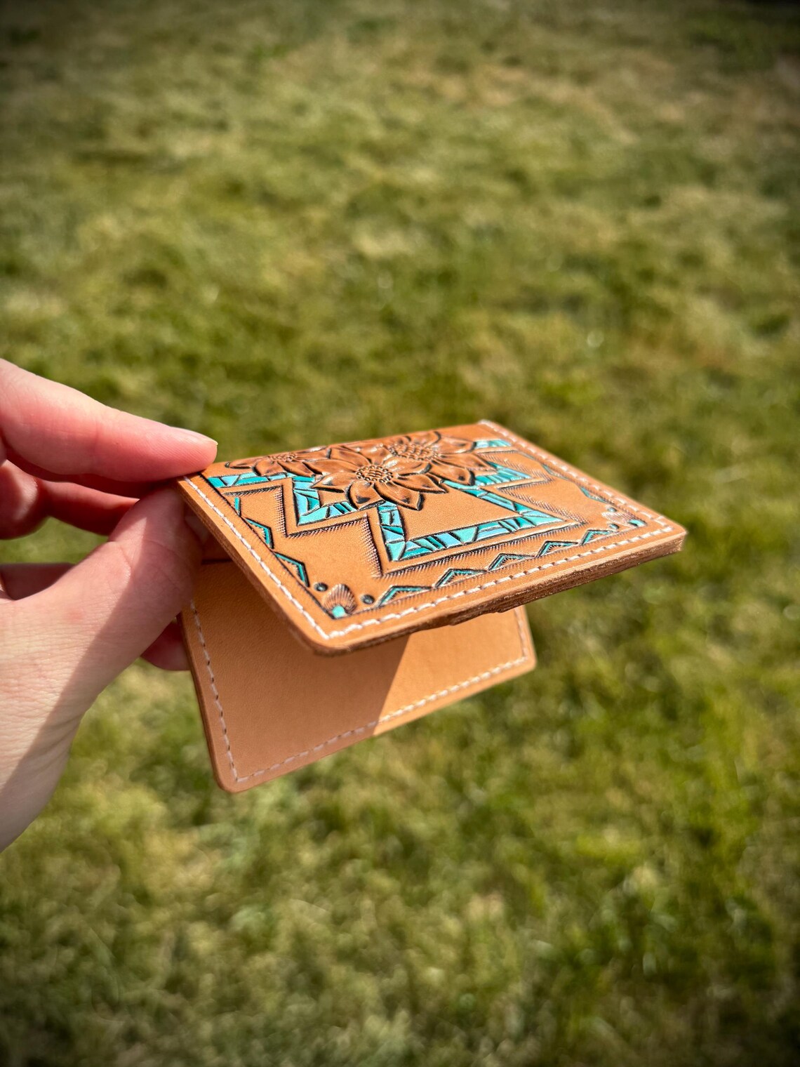 American Made - Western Hand Tooled Leather Wallet Turquoise Sunflower ...
