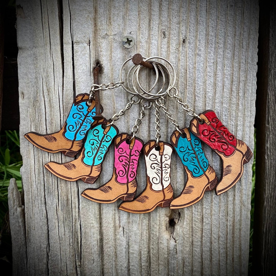 Leather Cowboy Boot Keychain - Engraved, Tooled, & Hand Painted Boots ...
