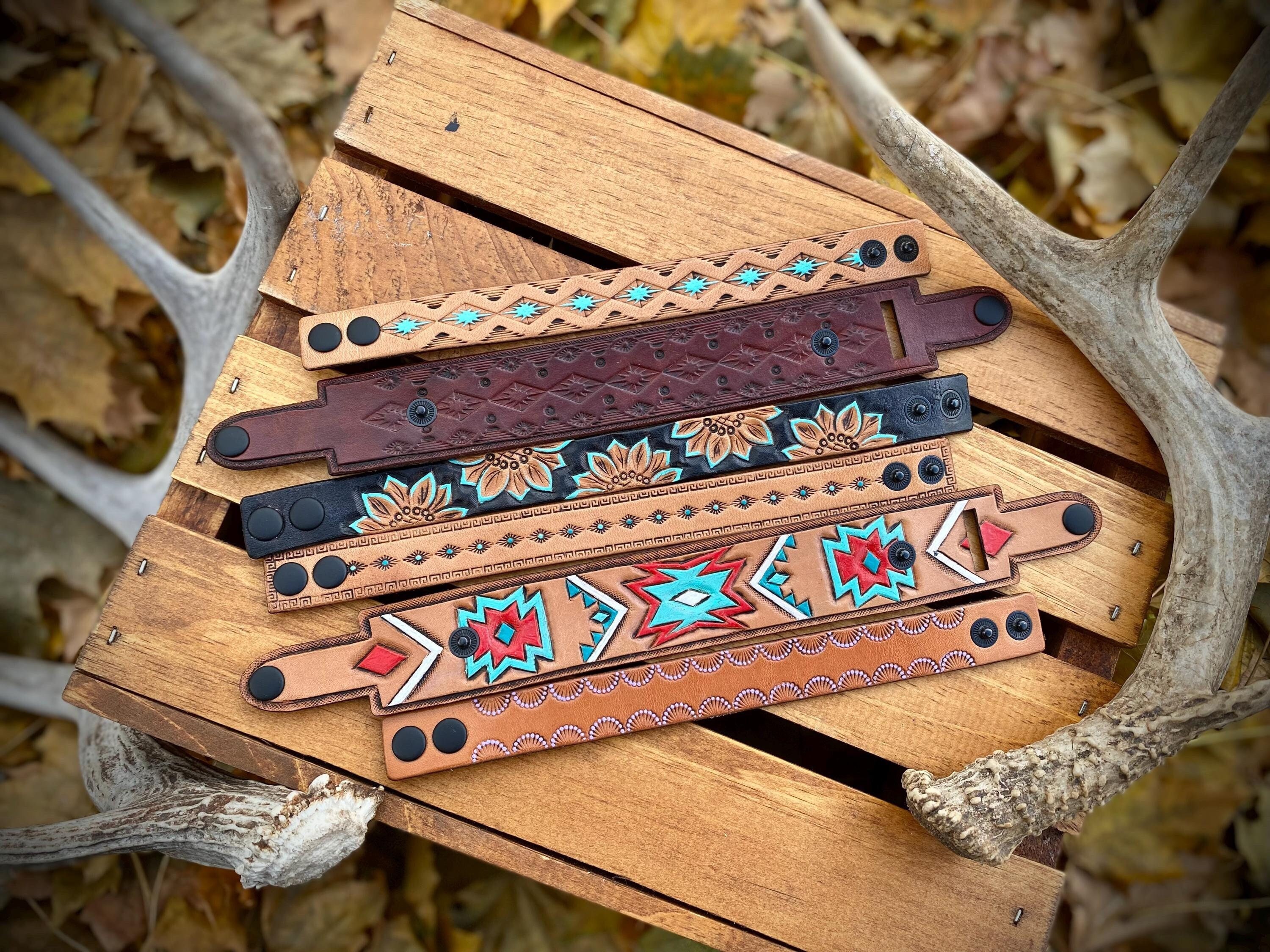 Western Tooled Leather Bracelet - Hand Tooled, Hand Painted, Western ...