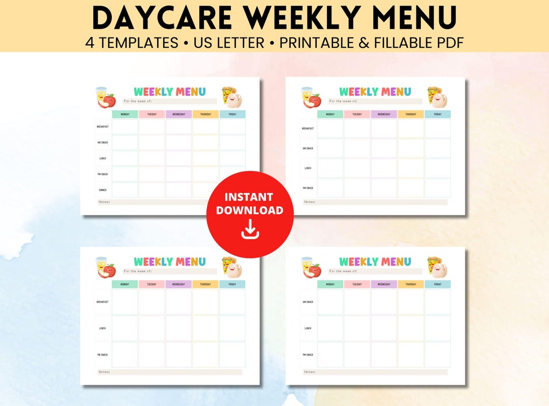Daycare Weekly Menu, Fillable Weekly Menu Template, Printable Daycare ...