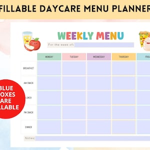 Daycare Weekly Menu, Fillable Weekly Menu Template, Printable Daycare ...
