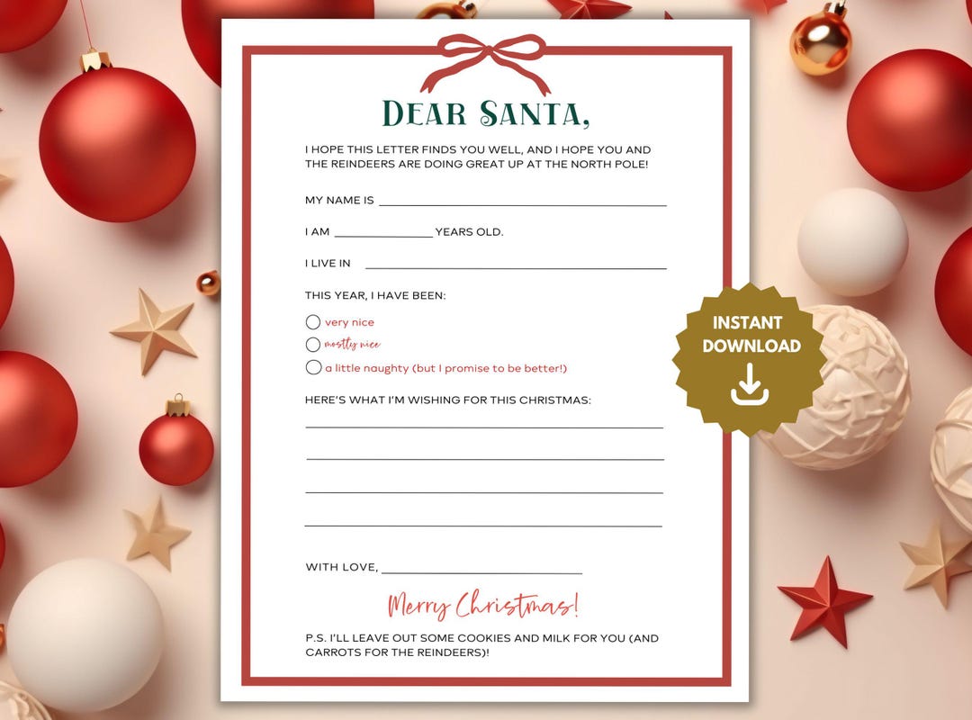 Dear Santa Letter, Santa List Printable, Kids Christmas List, Holiday ...