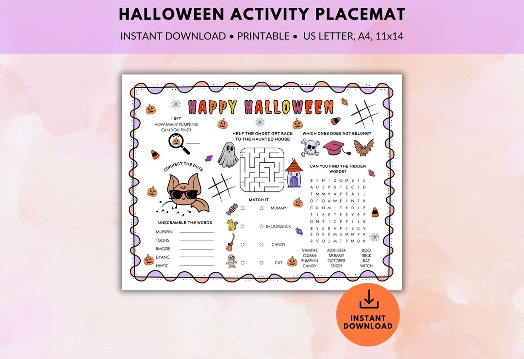 Halloween Activity Placemat, Printable Activity Mat for Kids, Coloring ...