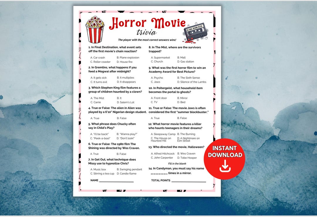 Horror Movie Trivia Game, Printable Halloween Trivia, Halloween Party ...