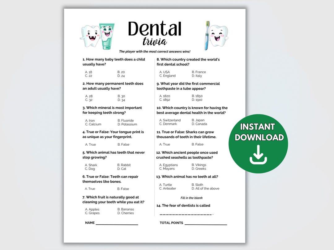 Dental Trivia Game Printable, Dental Office Game, Fun Trivia for Dental ...