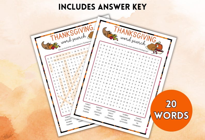 Thanksgiving Word Search Game, Printable Word Find Puzzle, Holiday Word ...