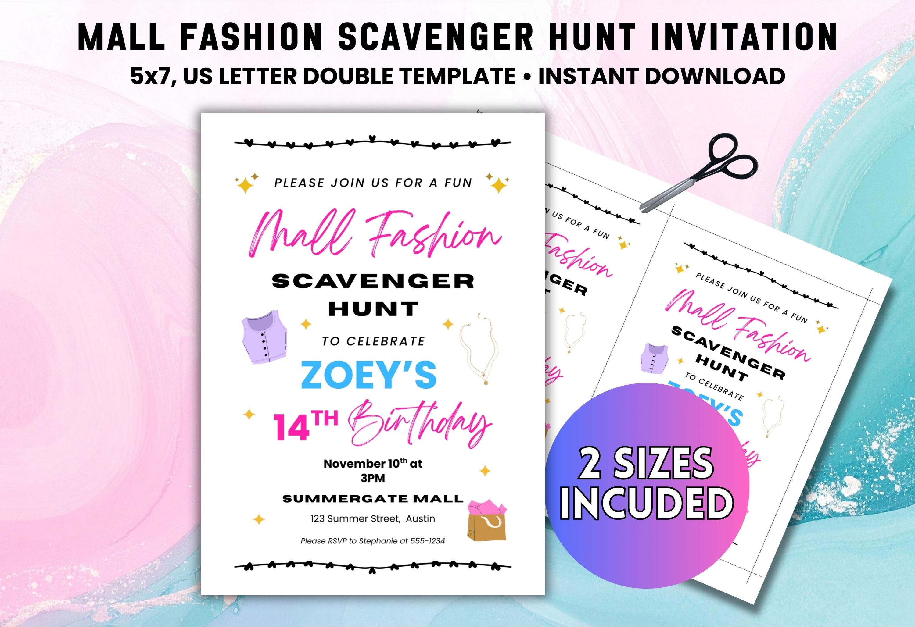 Mall Scavenger Hunt Invitation, Mall Fashion Treasure Hunt Invitation ...