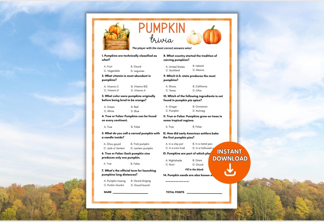 Pumpkin Trivia Game, Pumpkin Printable Game, Autumn Trivia Game ...