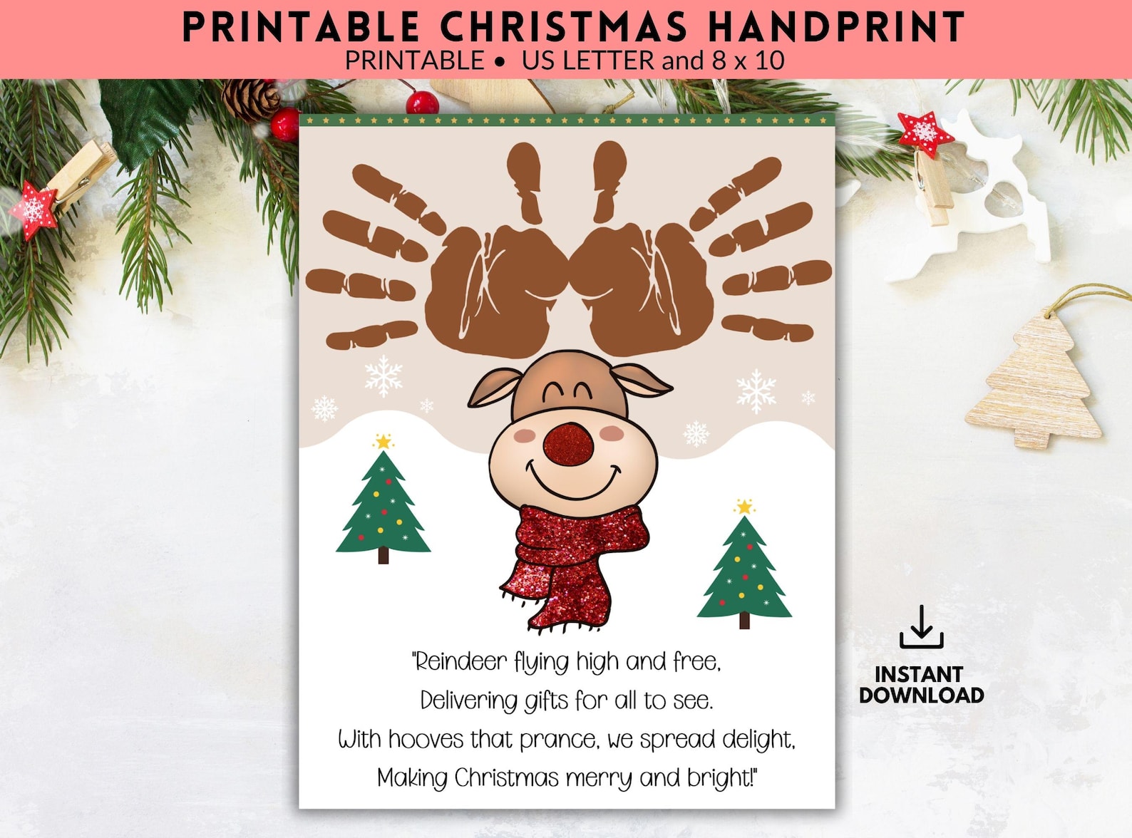 Reindeer Handprint Art, Christmas Handprint Craft Printable, Reindeer ...