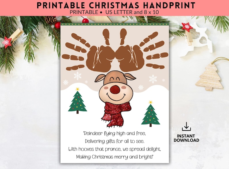 Reindeer Handprint Art, Christmas Handprint Craft Printable, Reindeer ...