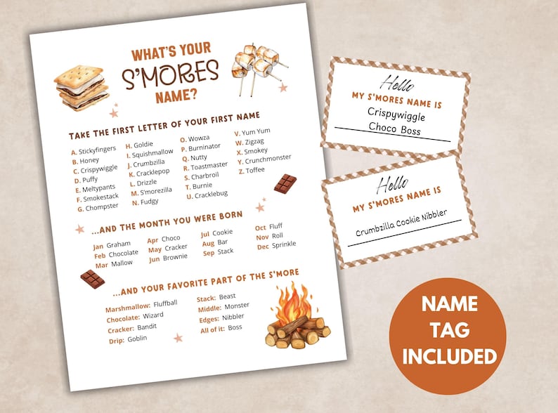 What’s Your S’mores Name, Printable Name Game, S’mores Name Game, Name ...