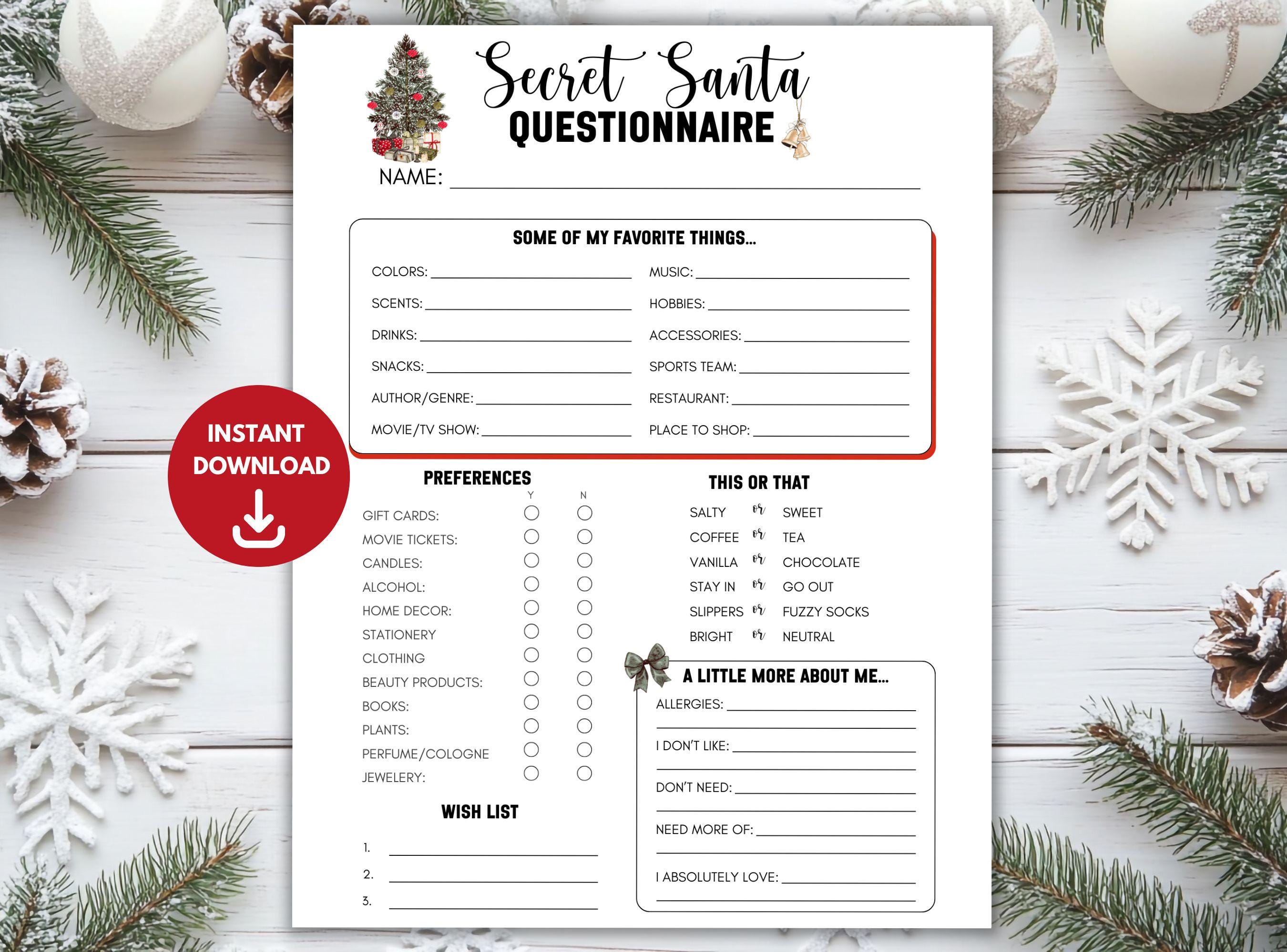 Printable Secret Santa Questionnaire, Adult Secret Santa, Gift Exchange ...