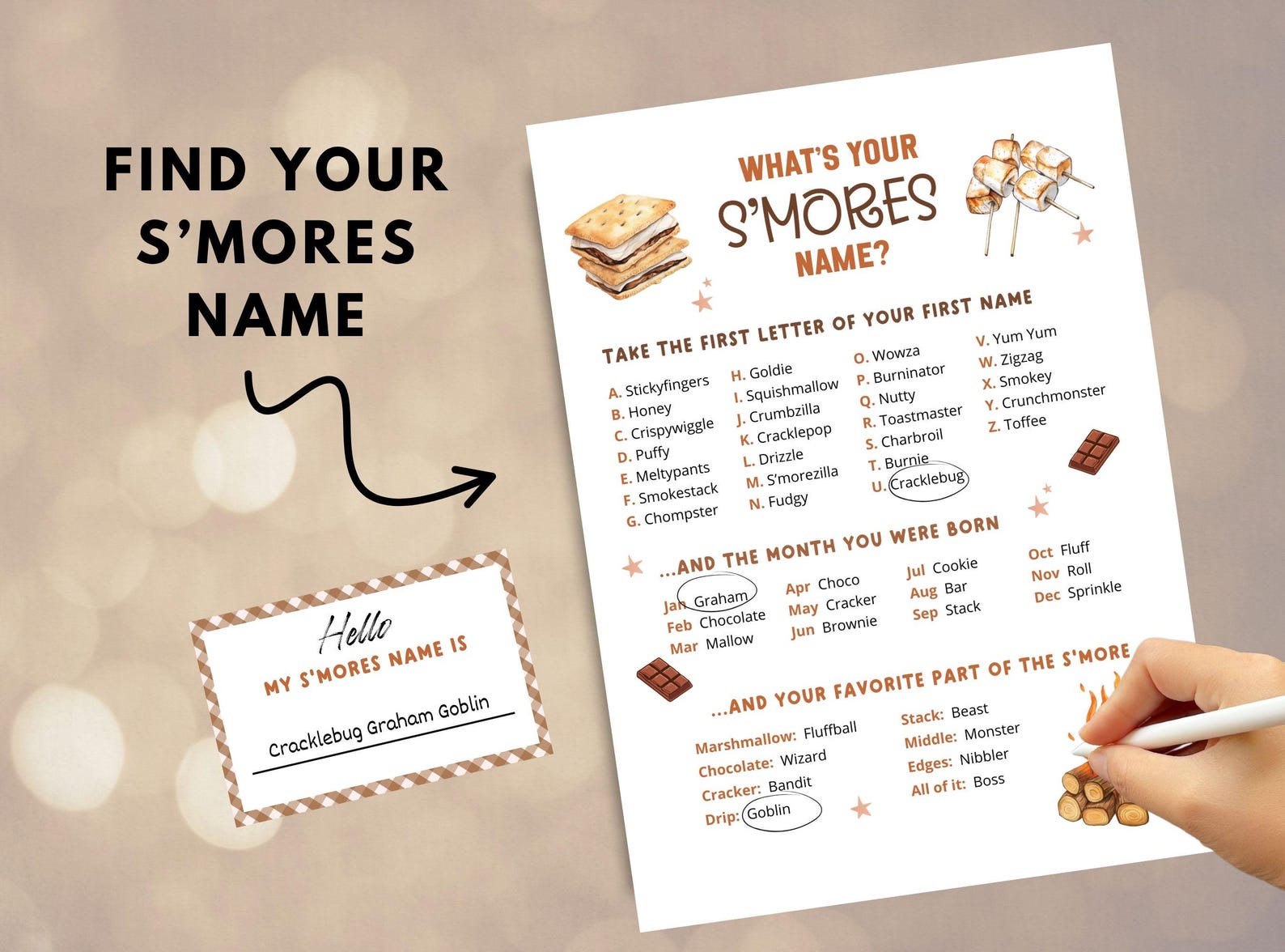 What’s Your S’mores Name, Printable Name Game, S’mores Name Game, Name ...