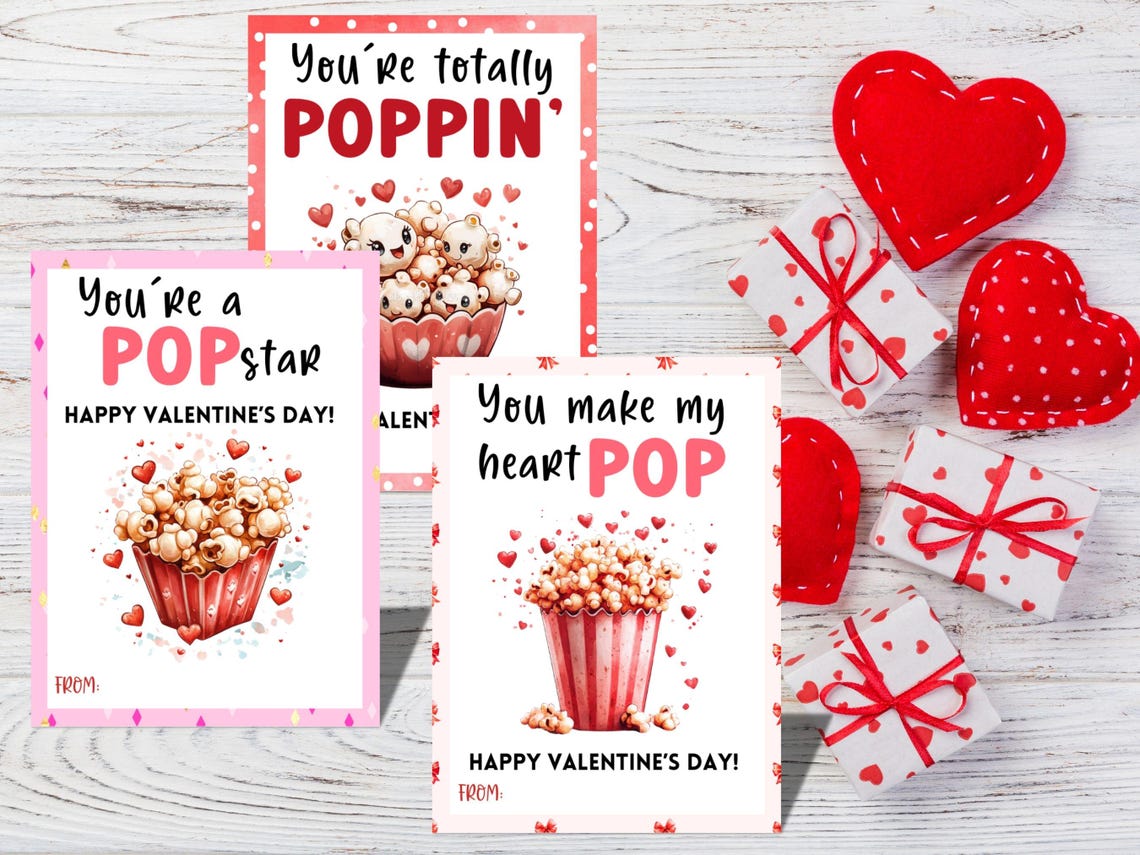 Popcorn Valentines Card Printable, Popcorn Valentines for Kids, Popcorn ...