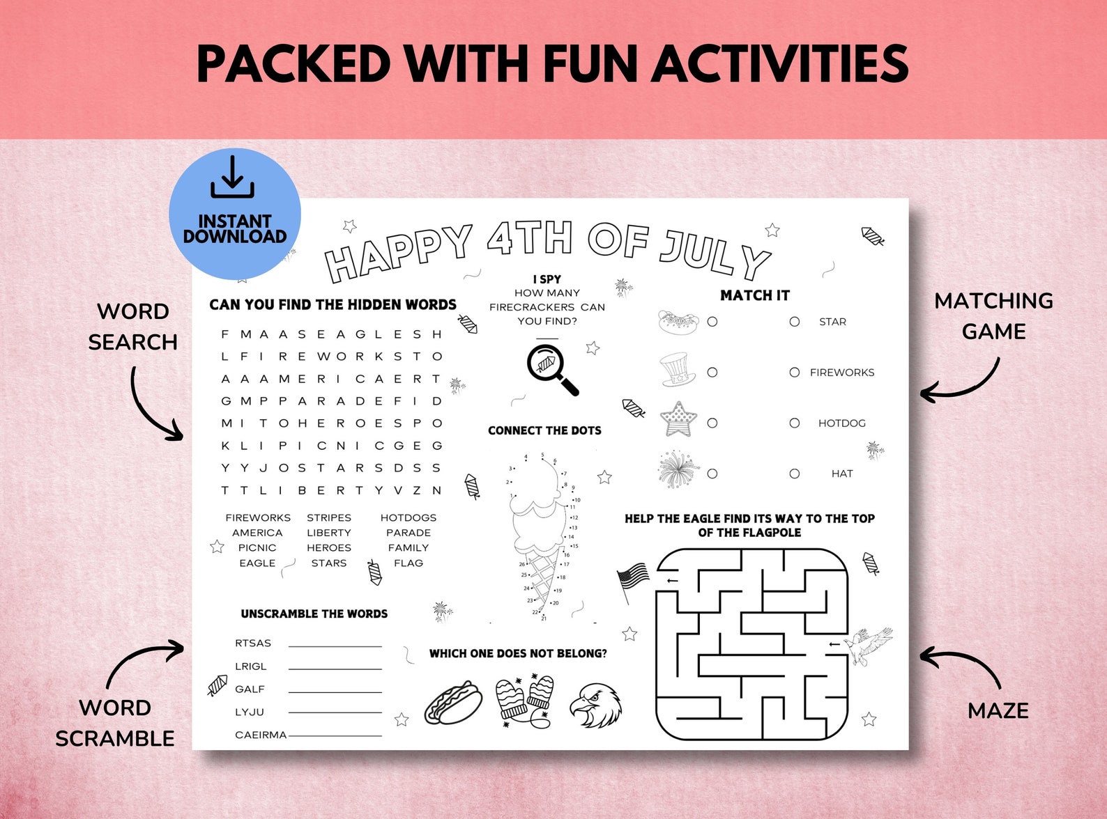 4th of July Activity Sheet, Printable Activity Placemat, Independence ...