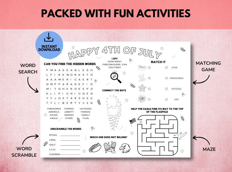 4th of July Activity Sheet, Printable Activity Placemat, Independence ...