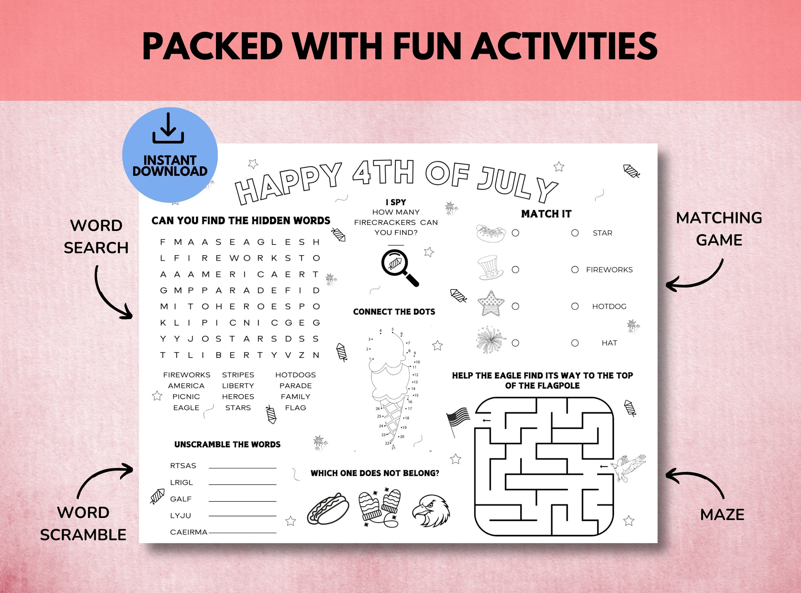 4th of July Activity Sheet, Printable Activity Placemat, Independence ...