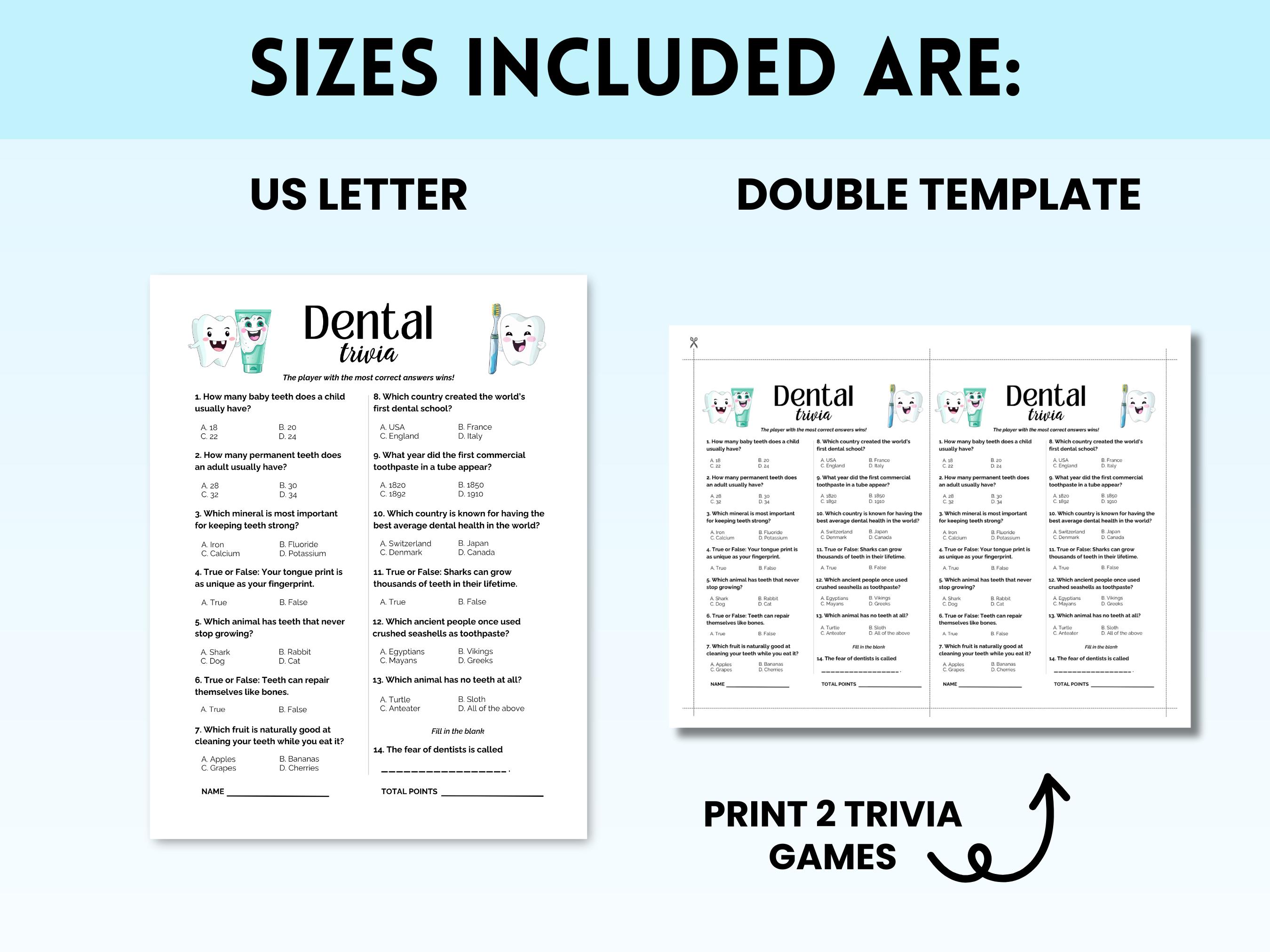 Dental Trivia Game Printable, Dental Office Game, Fun Trivia for Dental ...