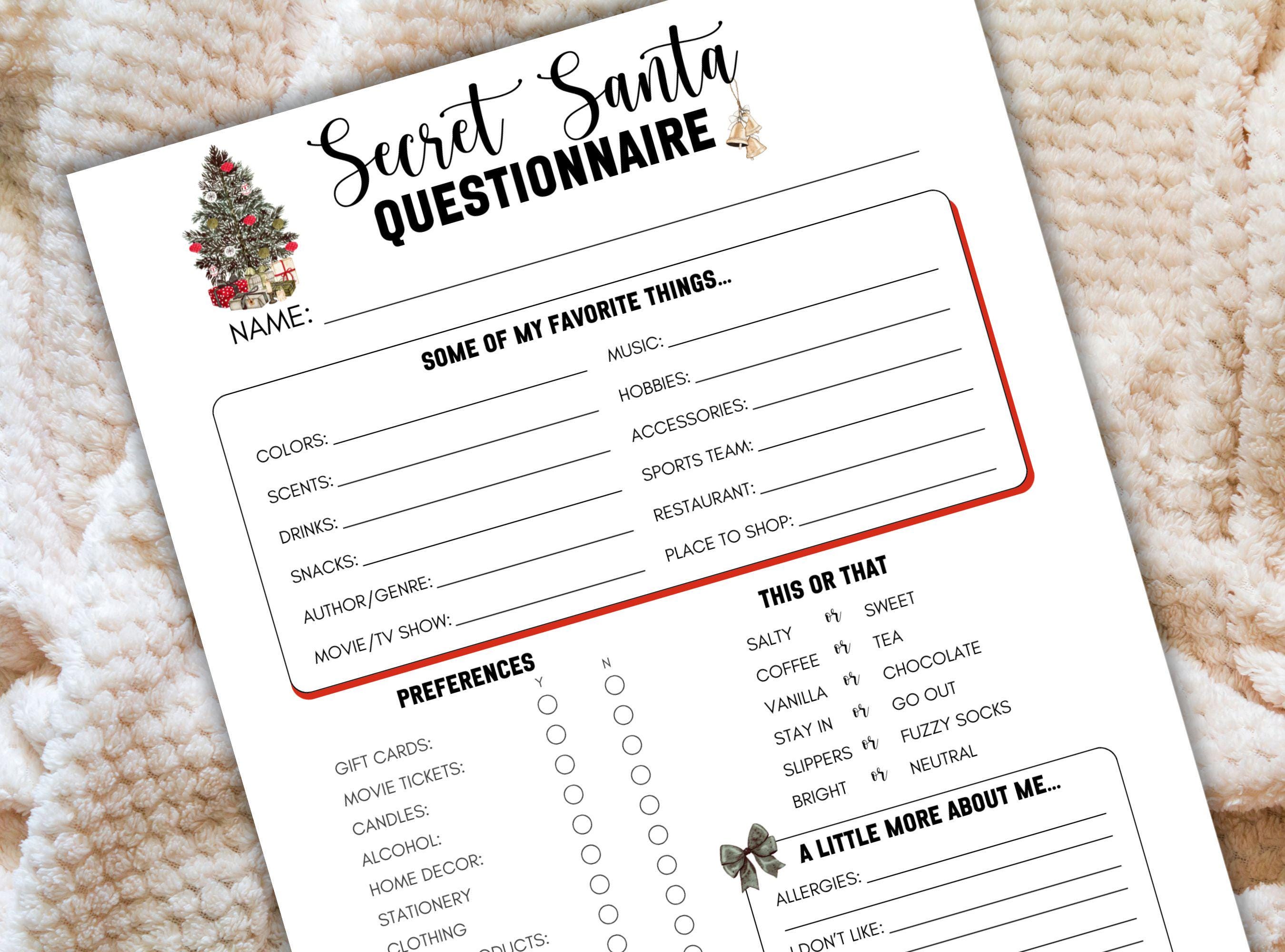 Printable Secret Santa Questionnaire, Adult Secret Santa, Gift Exchange ...