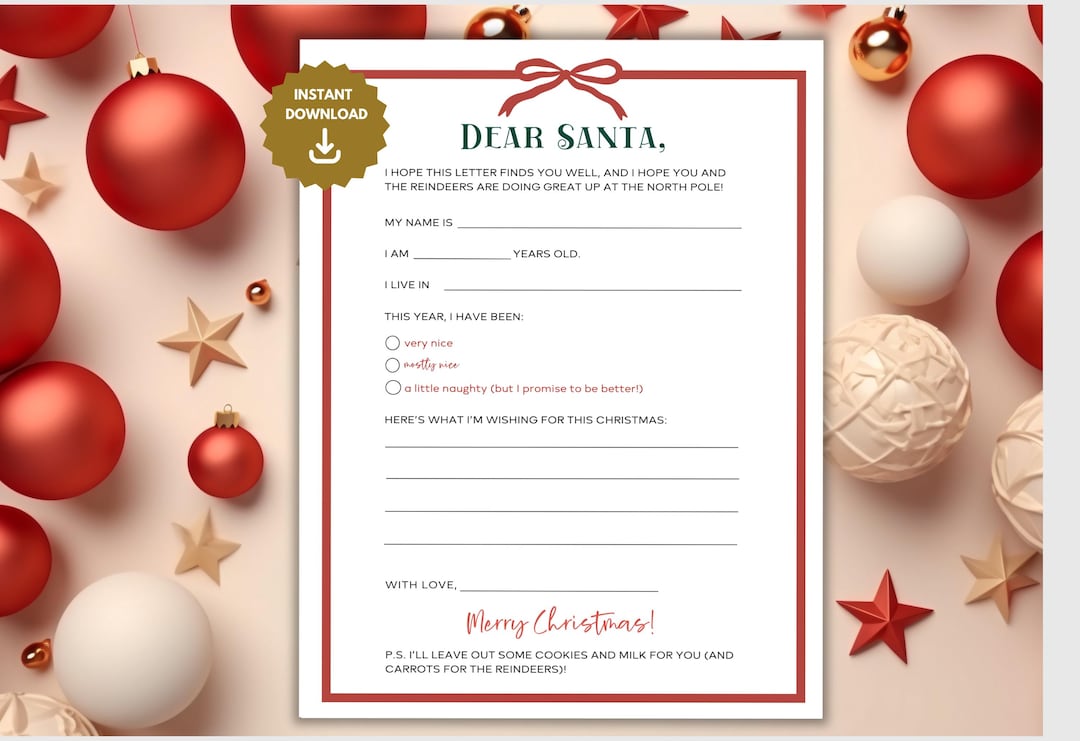 Dear Santa Letter Printable, Kids Christmas Wish List (PDF) - Etsy