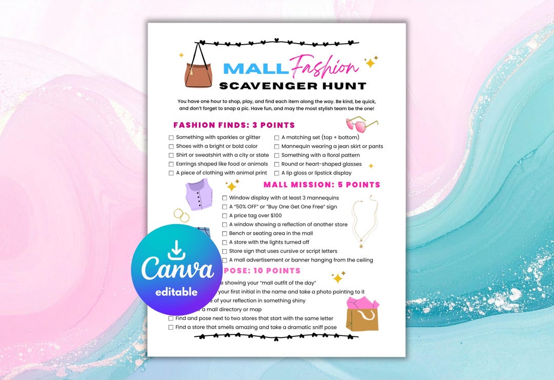 Mall Scavenger Hunt, Editable Mall Fashion Treasure Hunt Game ...