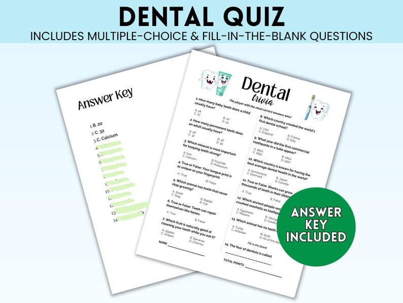 Dental Trivia Game Printable, Dental Office Game, Fun Trivia for Dental ...
