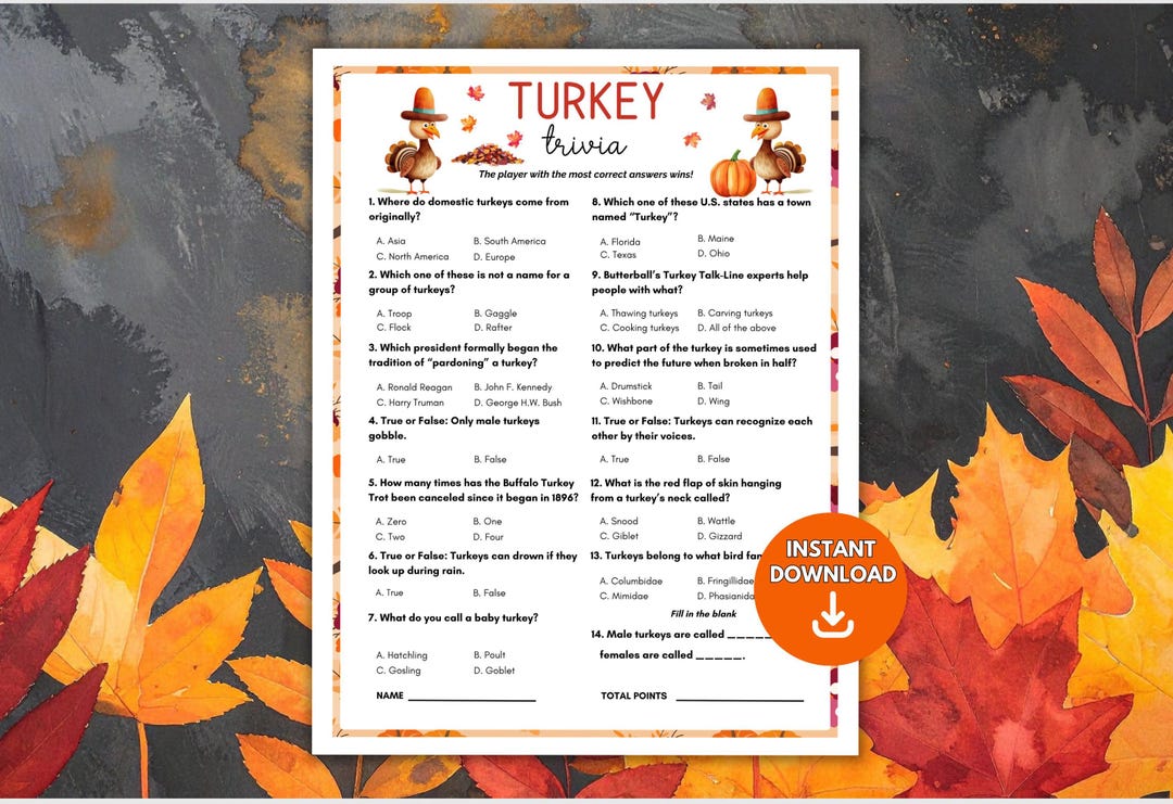 Turkey Trivia Game, Turkey Printable Game, Fall Trivia Game, Fun ...